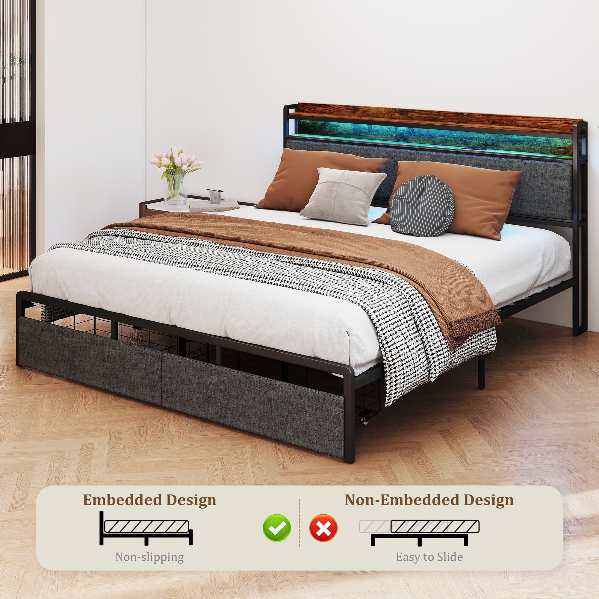 Furnibear LED Queen Bed Frame with Upholstered Storage Headboard and D
