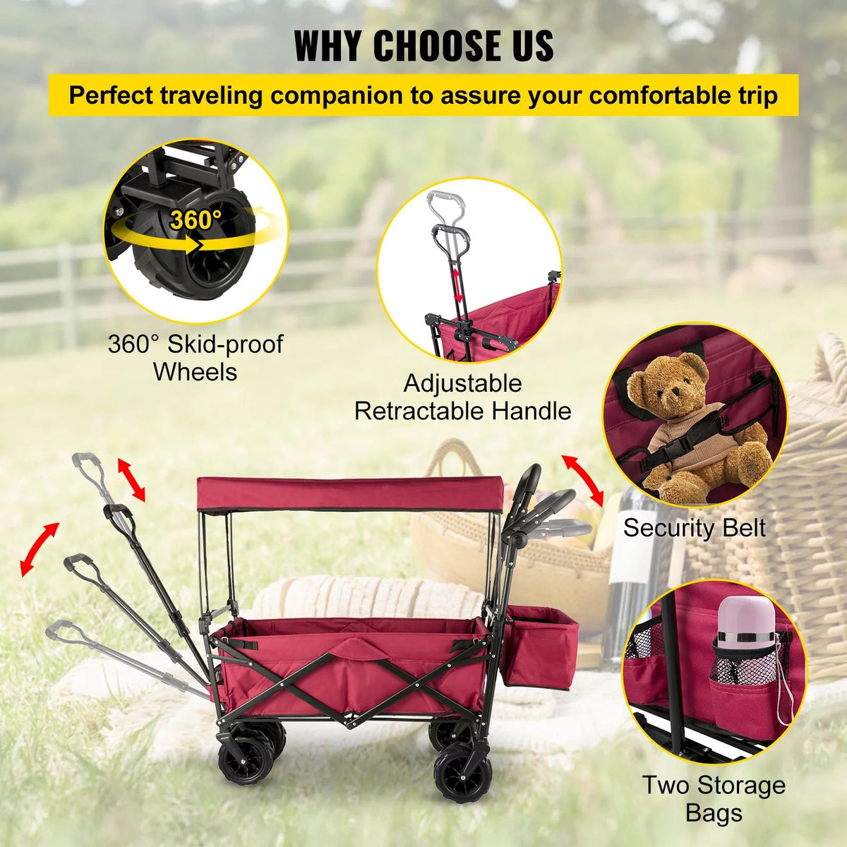 Wagon Cart Red, Foldable Wagon Cart Removable Canopy – Furnibear